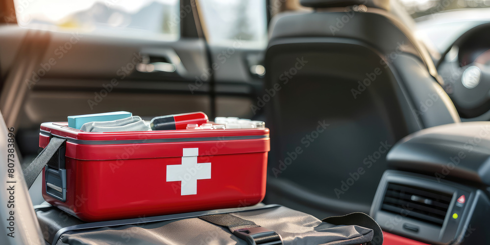First aid kit in the trunk of the car. Plastic box with medicines in ...