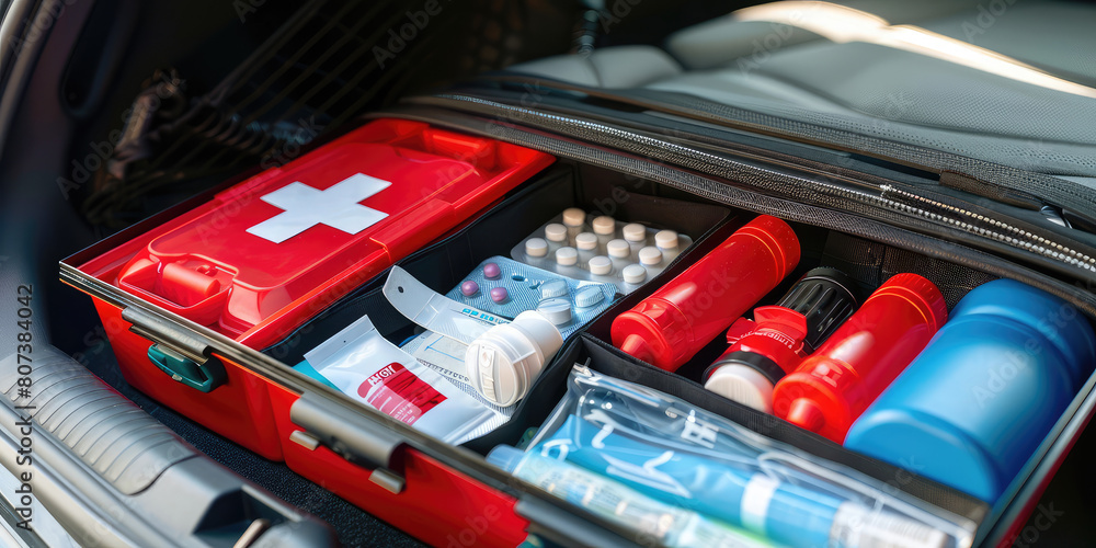 First aid kit in the trunk of the car. Plastic box with medicines in ...
