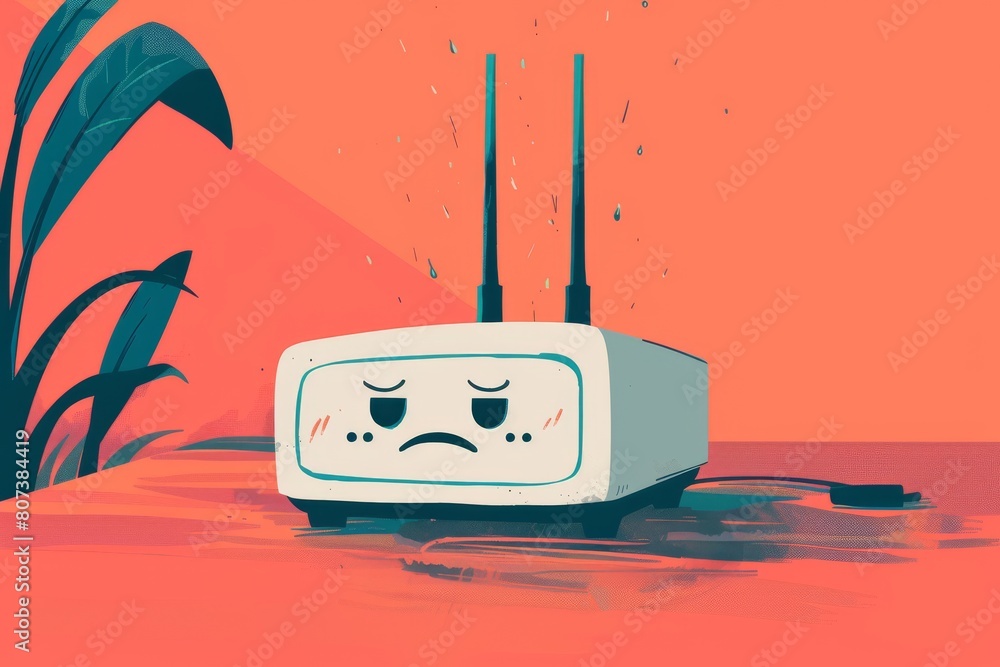 Cartoon Wi-Fi router showing sad face with signal bars on tropical pink ...