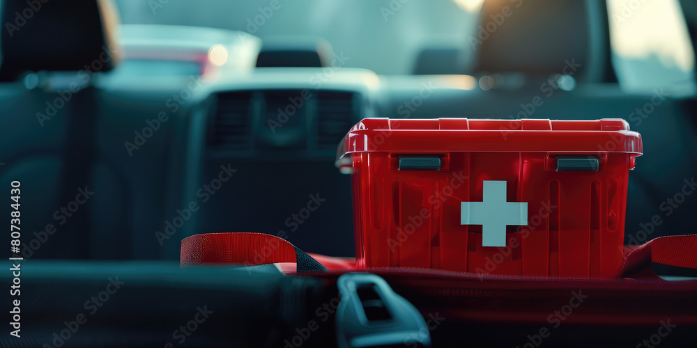 First aid kit in the trunk of the car. Plastic box with medicines in ...