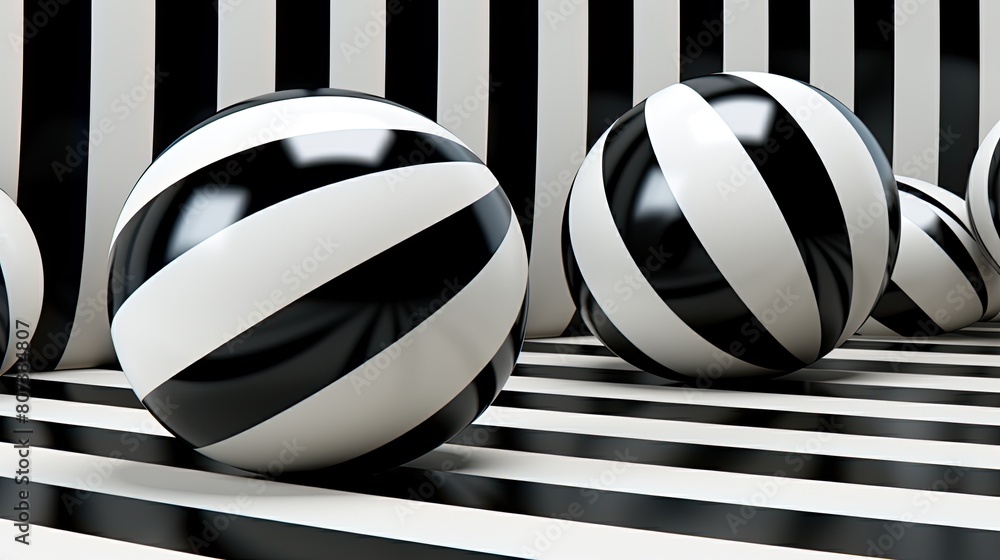 Black and white striped surface with many spheres with different ...