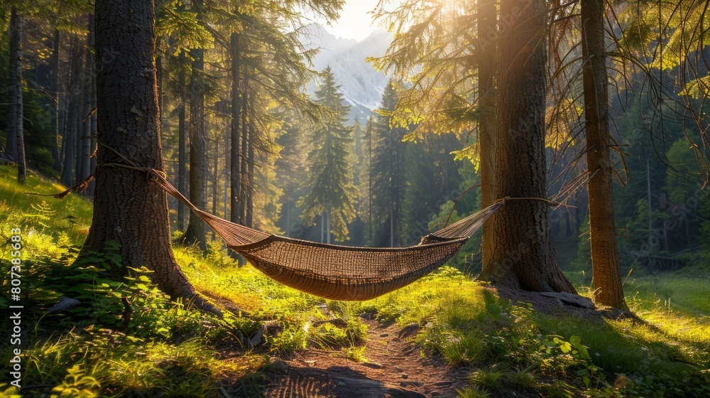 serenity in nature, a snug hammock swaying softly between two tall ...