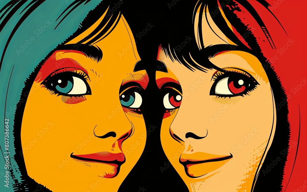 Two female faces close-up with smiles on their faces. The scene is ...