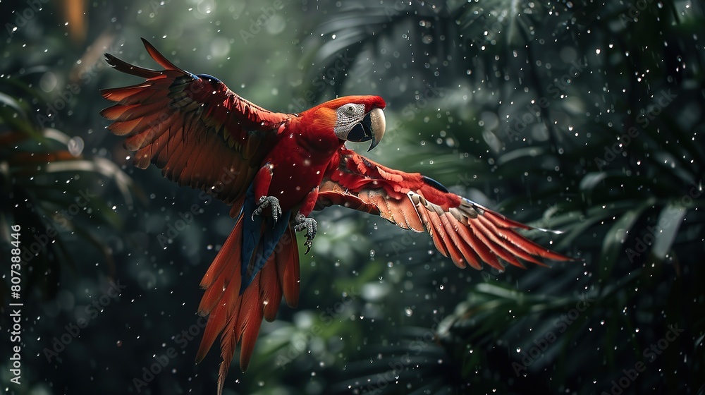 Red parrot in the rain. Macaw parrot flying in dark green vegetation ...