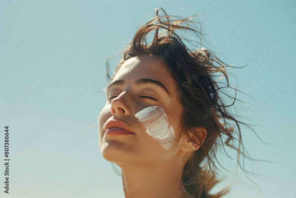 Young woman applies sunscreen on her face under blue sky, epitomizing ...