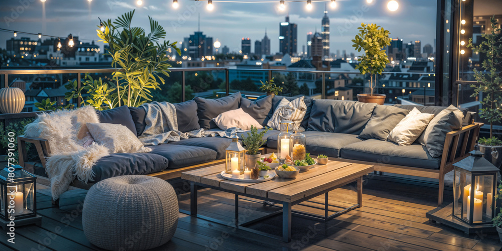 Stylish Rooftop Terrace with City View, Evening Ambiance with Cozy ...