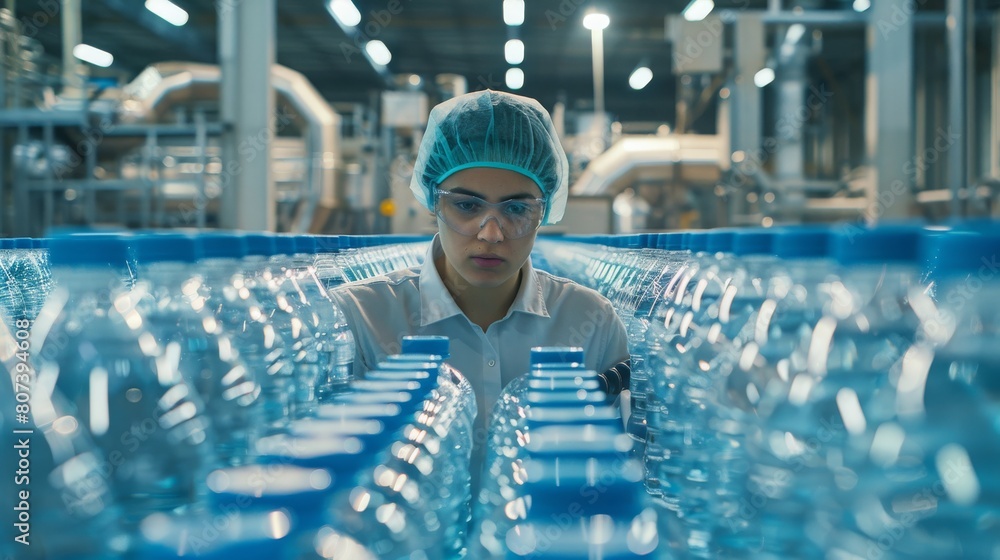 Worker monitoring bottled water production line in factory, quality ...
