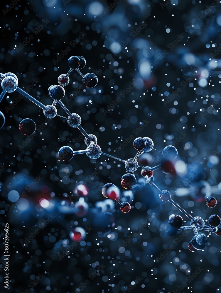 A 3D rendering of a molecule with a blue and red color scheme. The ...