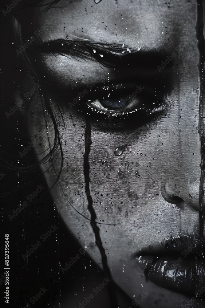 A dark and mysterious woman with black hair and blue eyes. She is crying black tears and her ...