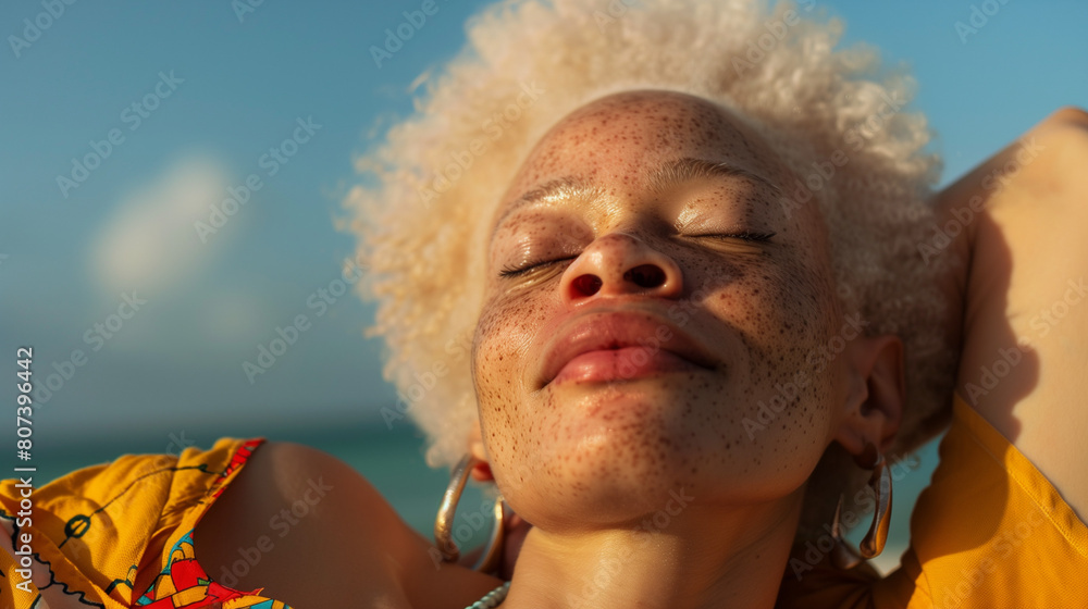 Foto de Glamourous black albino woman sunbathing on vacation. Candid ...