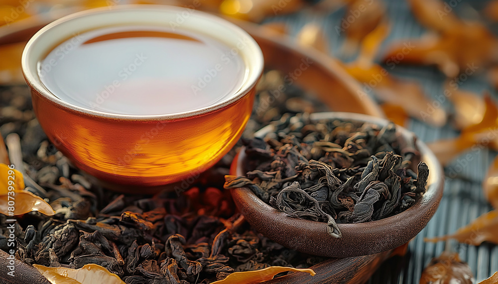 Beautiful still life featuring dry Chinese pu-erh tea and a hot cup of ...