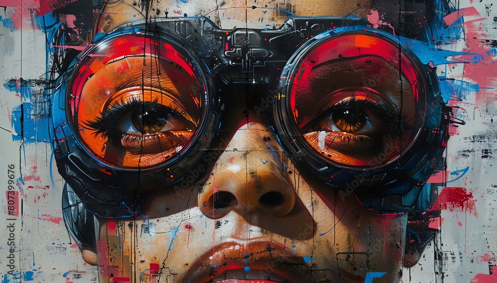 Capture a cyborg graffiti artist, blending advanced tech and urban art ...