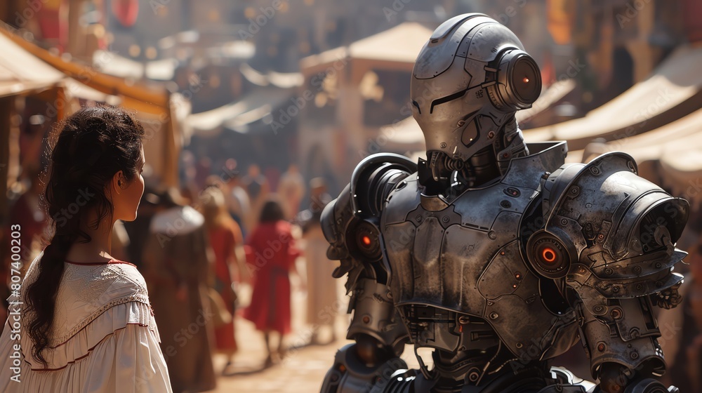 Capture a high-angle view of a futuristic robotic knight engaging in ...