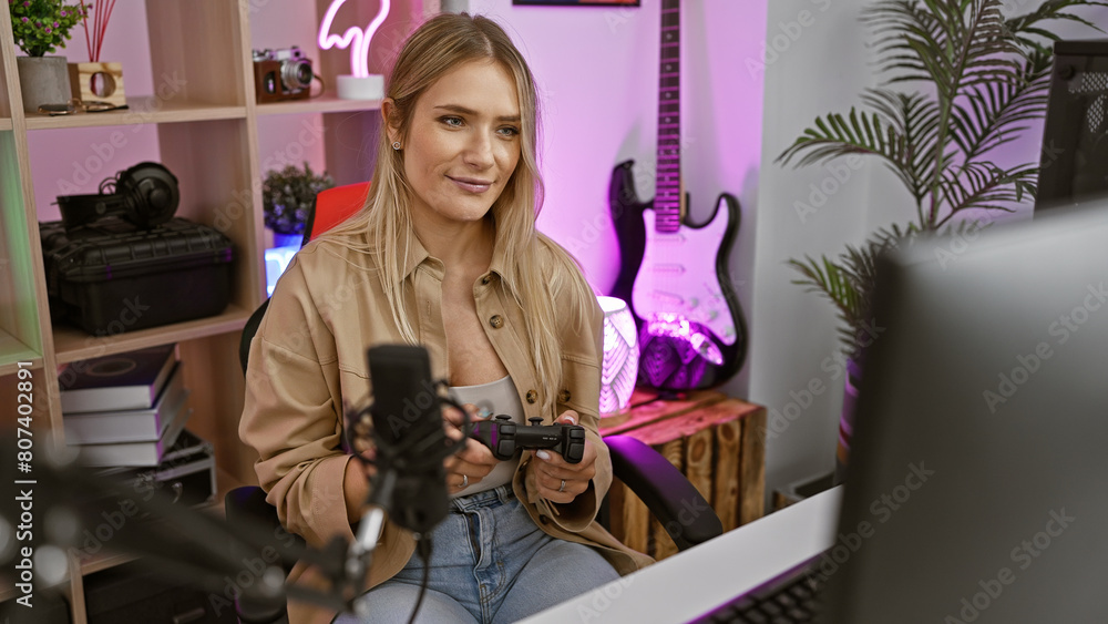 Smiling, confident young blonde woman streamer happily playing a ...