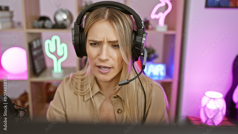 Attractive young blonde woman streamer, deep in gaming conversation ...