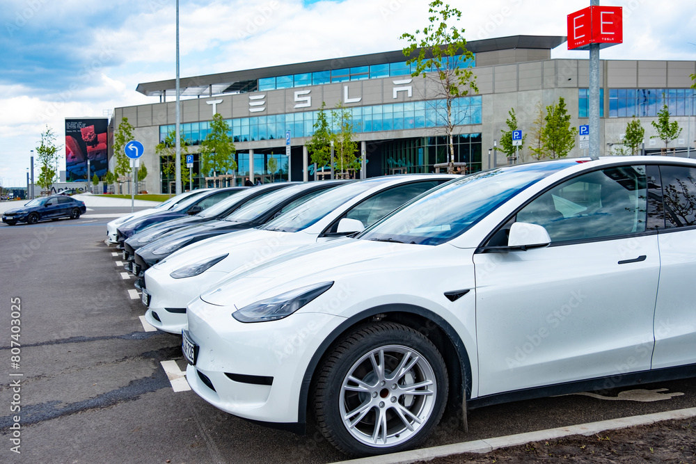 Many Tesla electric cars in front Gigafactory Berlin-Brandenburg ...