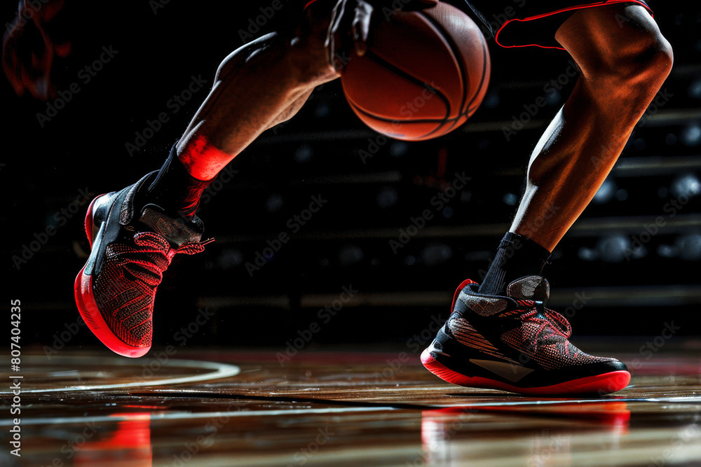 Intense Basketball Player Dribbling on Court in Dramatic Lighting ...