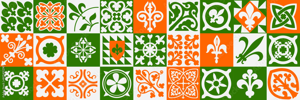 Collection of 27 ceramic tiles in Celtic tribal style. Bright square ...