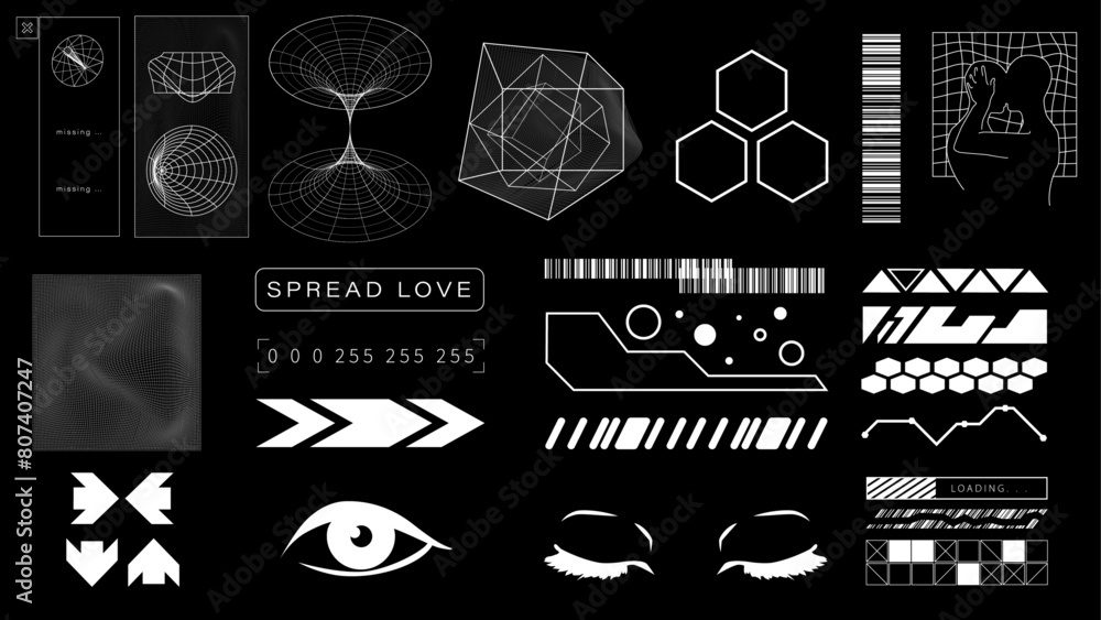 Cyberpunk SCIFI decals set. Set of futuristic vector stickers and ...