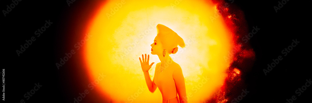 sun shape with profile woman portrait with hand sign design Stock Photo ...