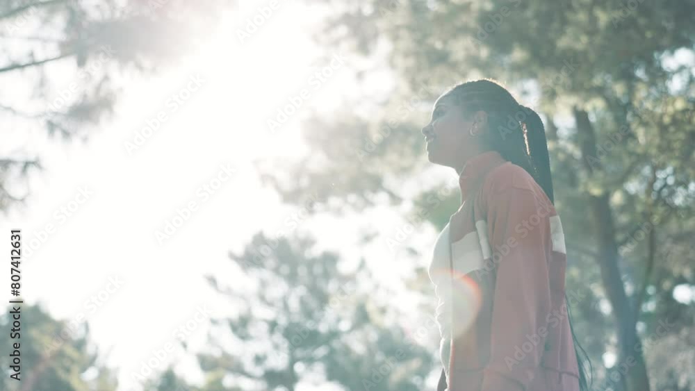 Camping, breathing and black woman in forest with arms up celebration ...