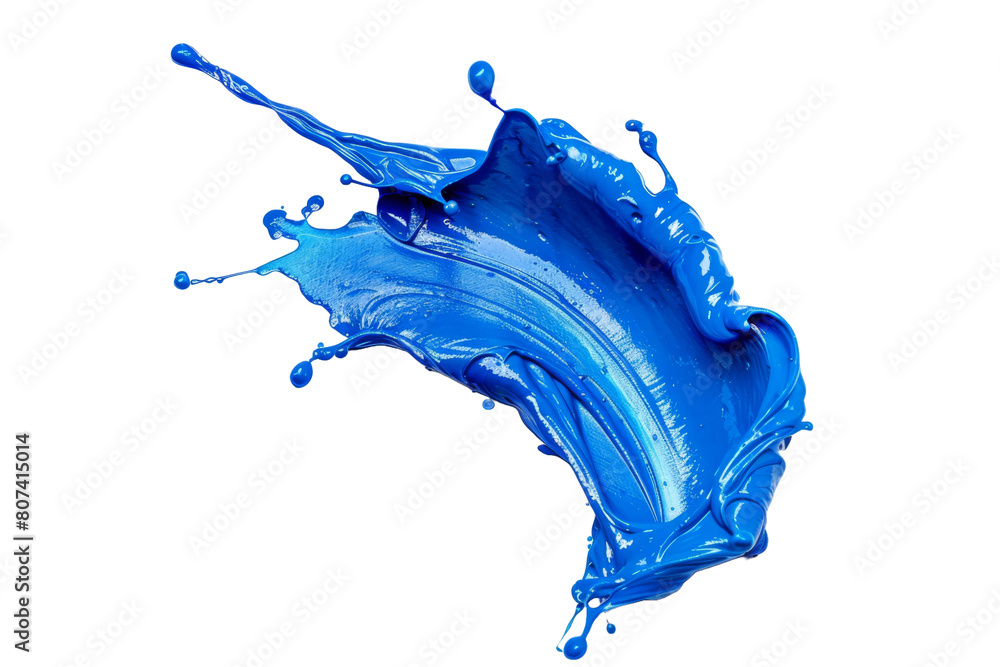 This image captures a dynamic splash of blue paint, isolated against a ...