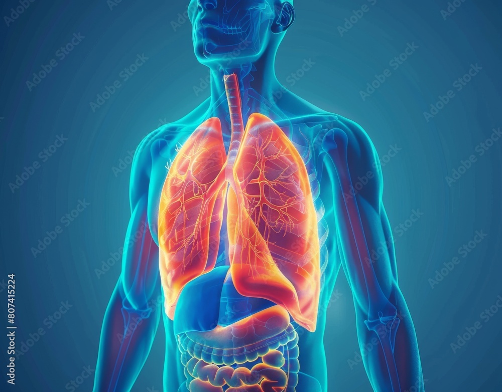 3D human lungs on the chest, healthy breath and air flowing through it ...