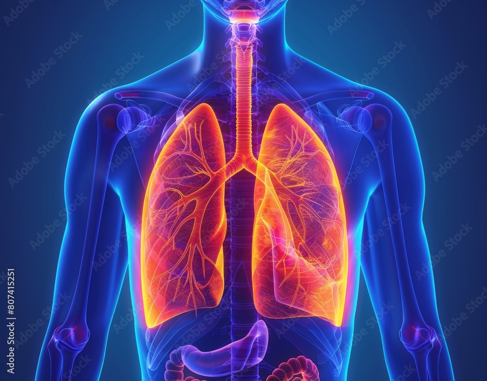 3D human lungs on the chest, healthy breath and air flowing through it ...