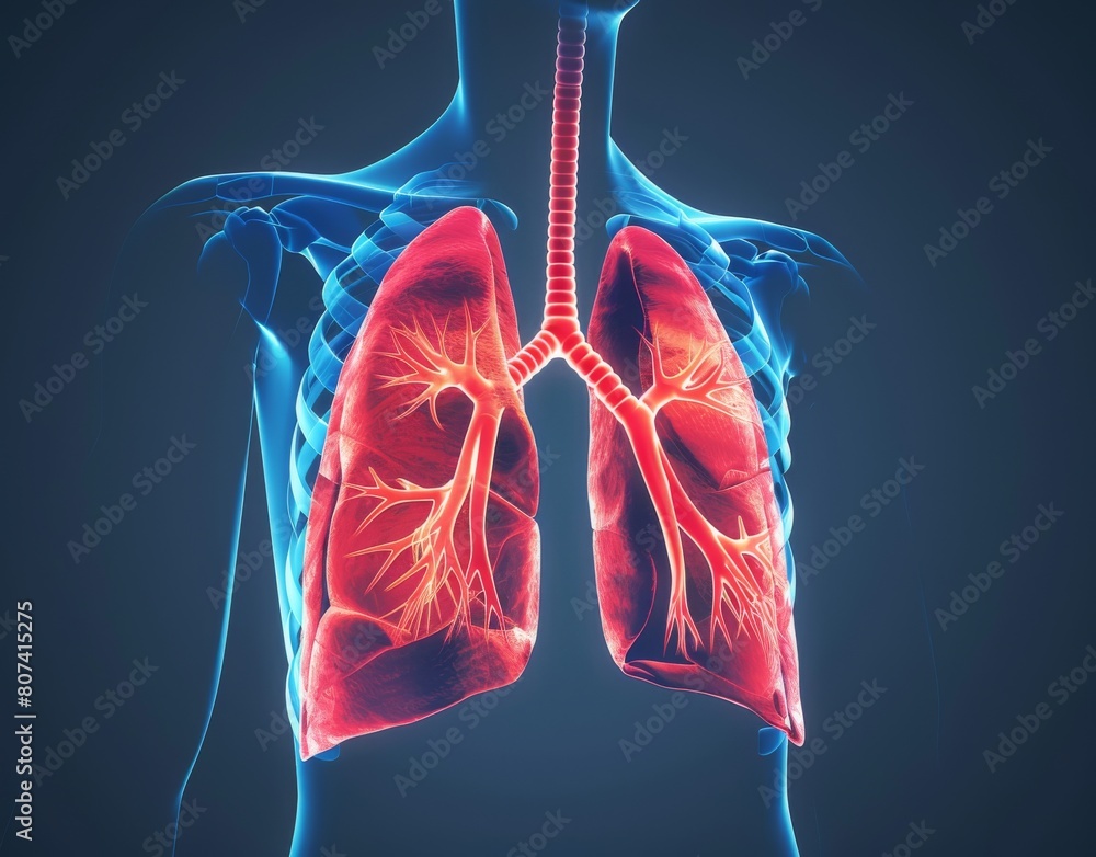 3D human lungs on the chest, healthy breath and air flowing through it ...