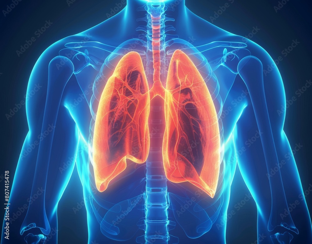 3D human lungs on the chest, healthy breath and air flowing through it ...