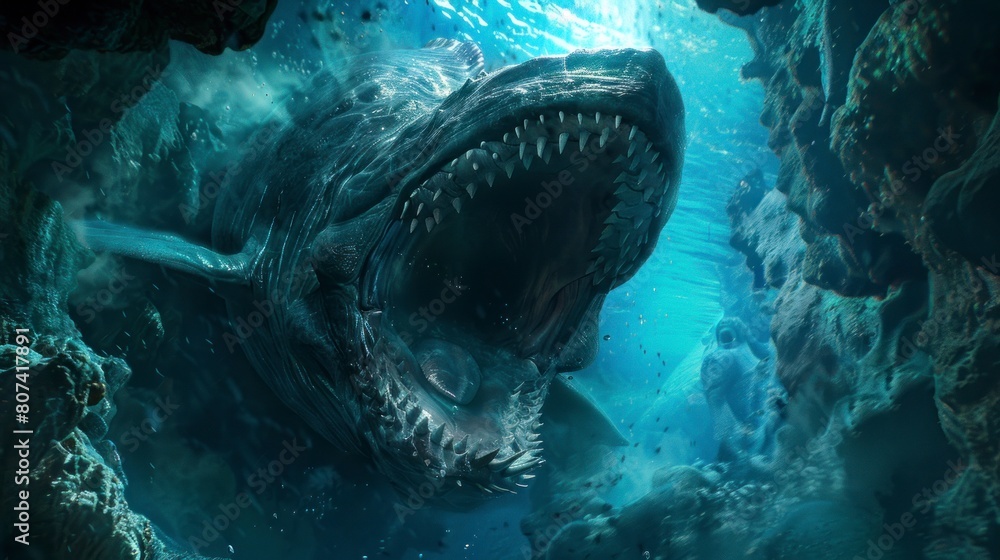 giant leviathan sea monster with open mouth under the sea in high ...