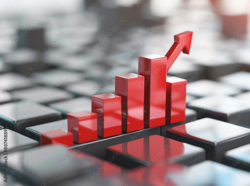 3D red arrow pointing up and to the right on bar graph with white ...