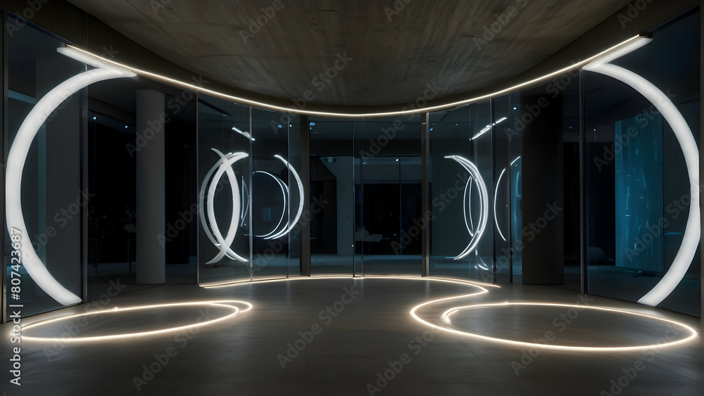 A sleek digital house with circular light installations surrounding it ...