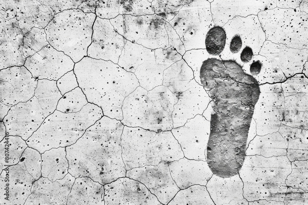 A foot print is on a concrete wall. The wall is cracked and has a rough ...
