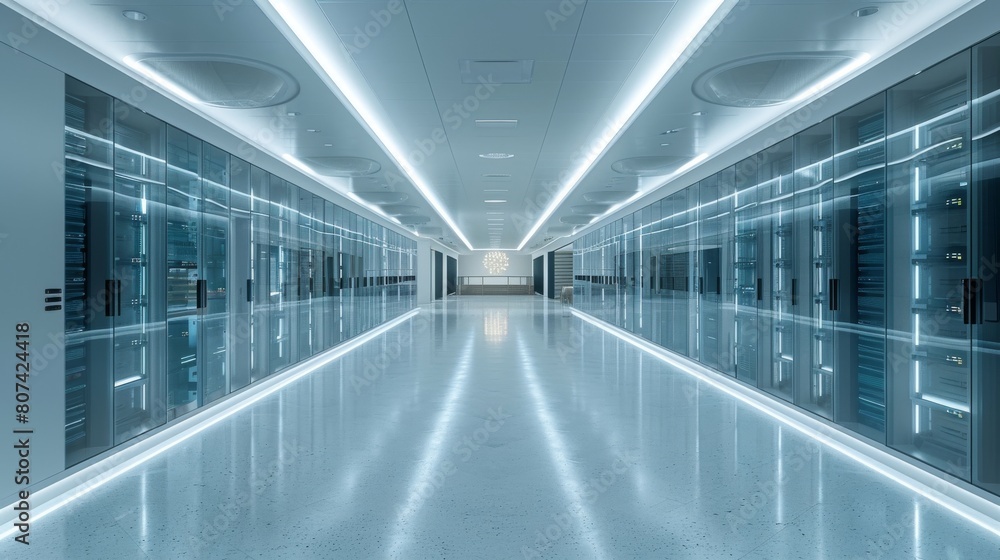3D rendering of a modern server room with white walls and glass fronted ...