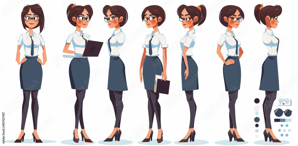 character creation sheet of a business woman with long black hair, a ...