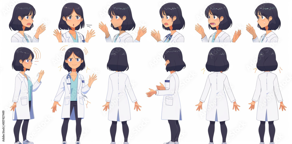 character sheet of a female doctor in a white coat, with multiple poses ...