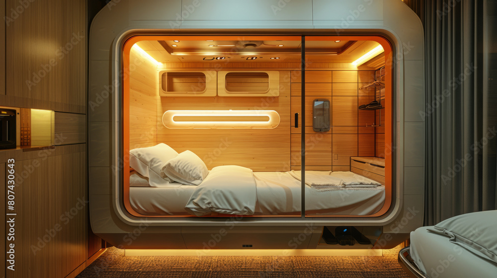 compact capsule layout, efficient capsule hotel room setup with a ...