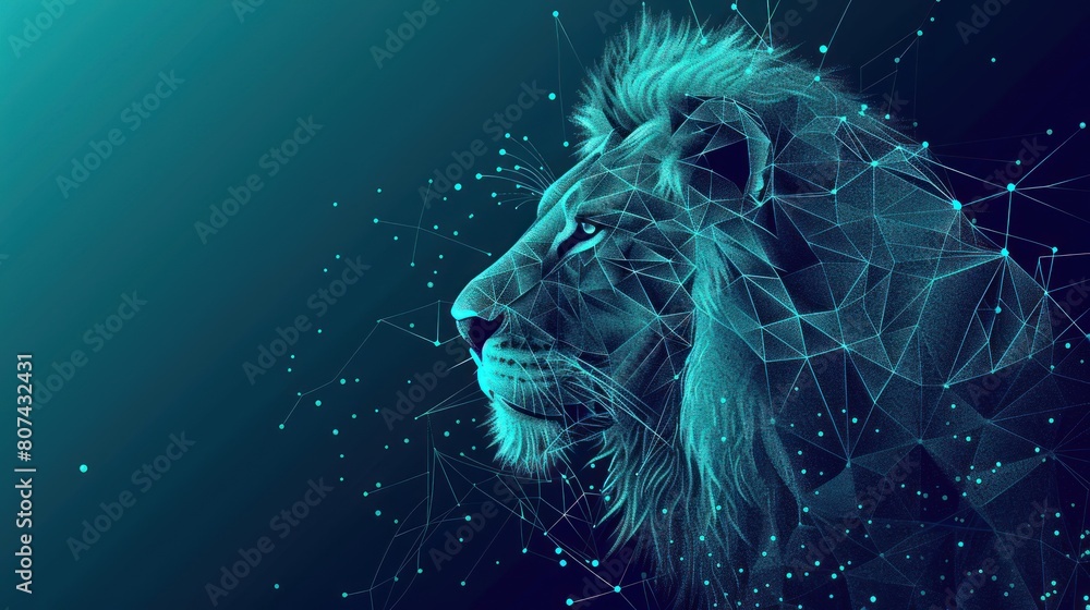 Abstract digital lion in polygons, lines and connected dots. King of ...