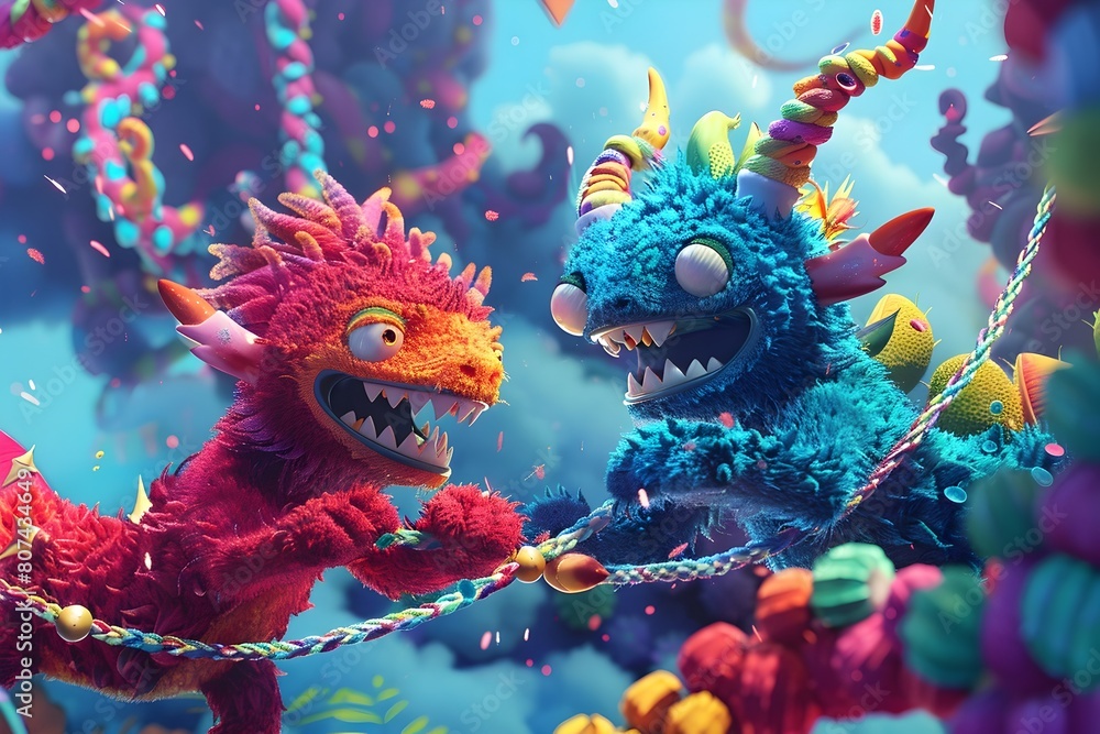Playful Mythical Creatures Engaged in a Vibrant Jewel Toned Tug of War ...