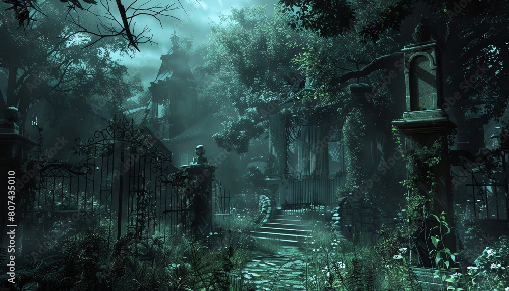 Capture the eerie atmosphere of a haunted garden with a low-angle view ...