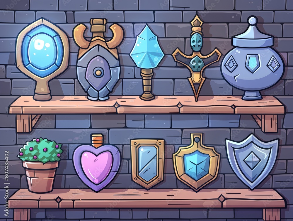 Fantasy game inventory screen with assorted magical items and weapons ...