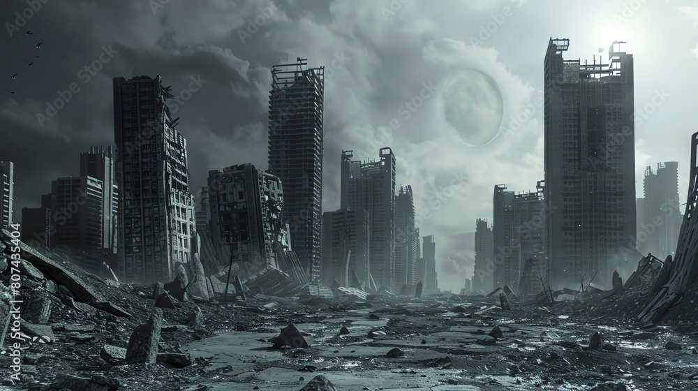 Unveil a dystopian future by illustrating a low-angle perspective of a ...