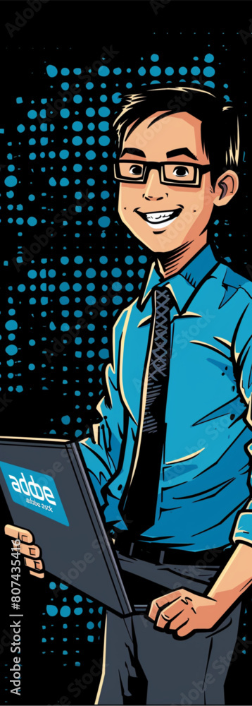 pixel art of asian man in blue shirt and tie holding laptop, smiling ...
