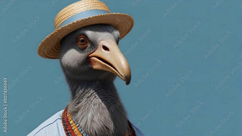 the dodo bird wears a straw hat and a beach shirt Stock Photo | Adobe Stock