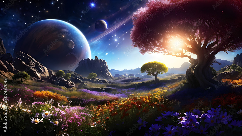 Gardens extending beyond earth's boundaries, merging into the cosmic ...