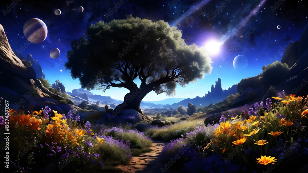 Gardens extending beyond earth's boundaries, merging into the cosmic ...