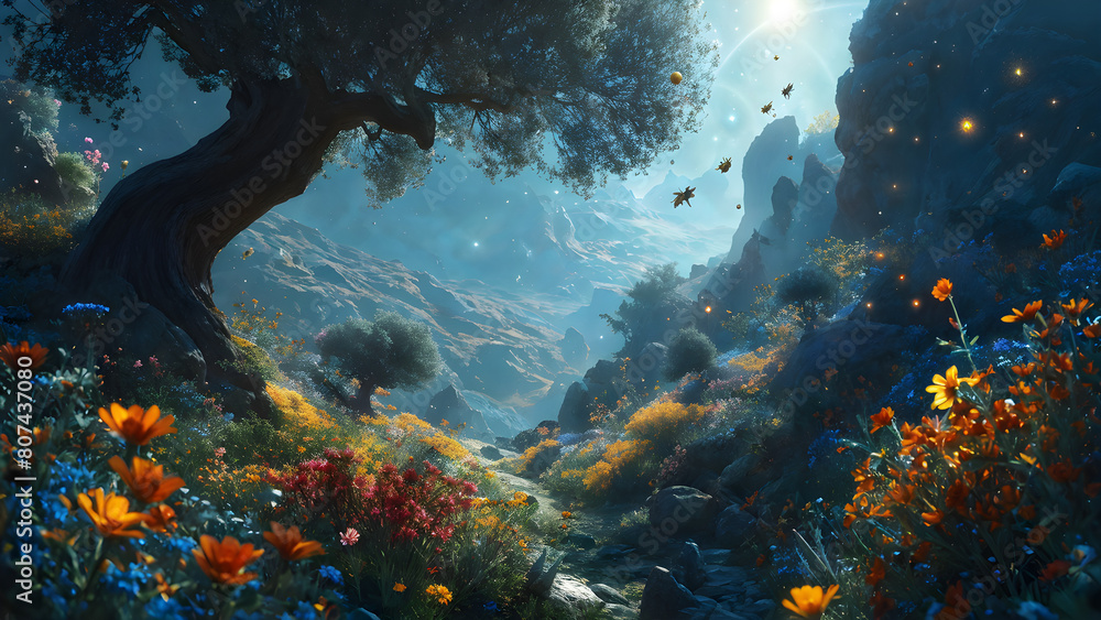 Gardens extending beyond earth's boundaries, merging into the cosmic ...