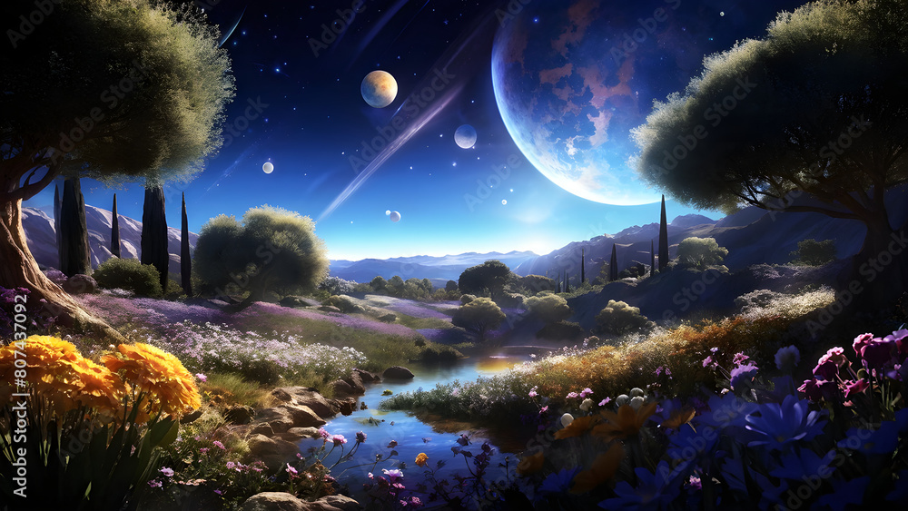 Gardens extending beyond earth's boundaries, merging into the cosmic ...