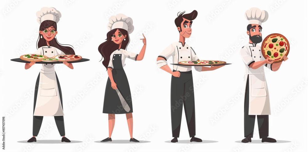 set of cartoon characters, a professional chef team with a woman and ...